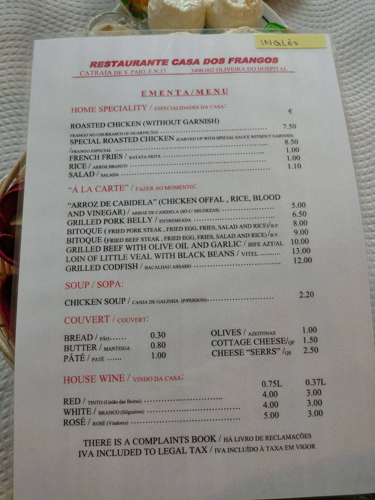 Menu at Casa Dos Frangos restaurant, Toronto