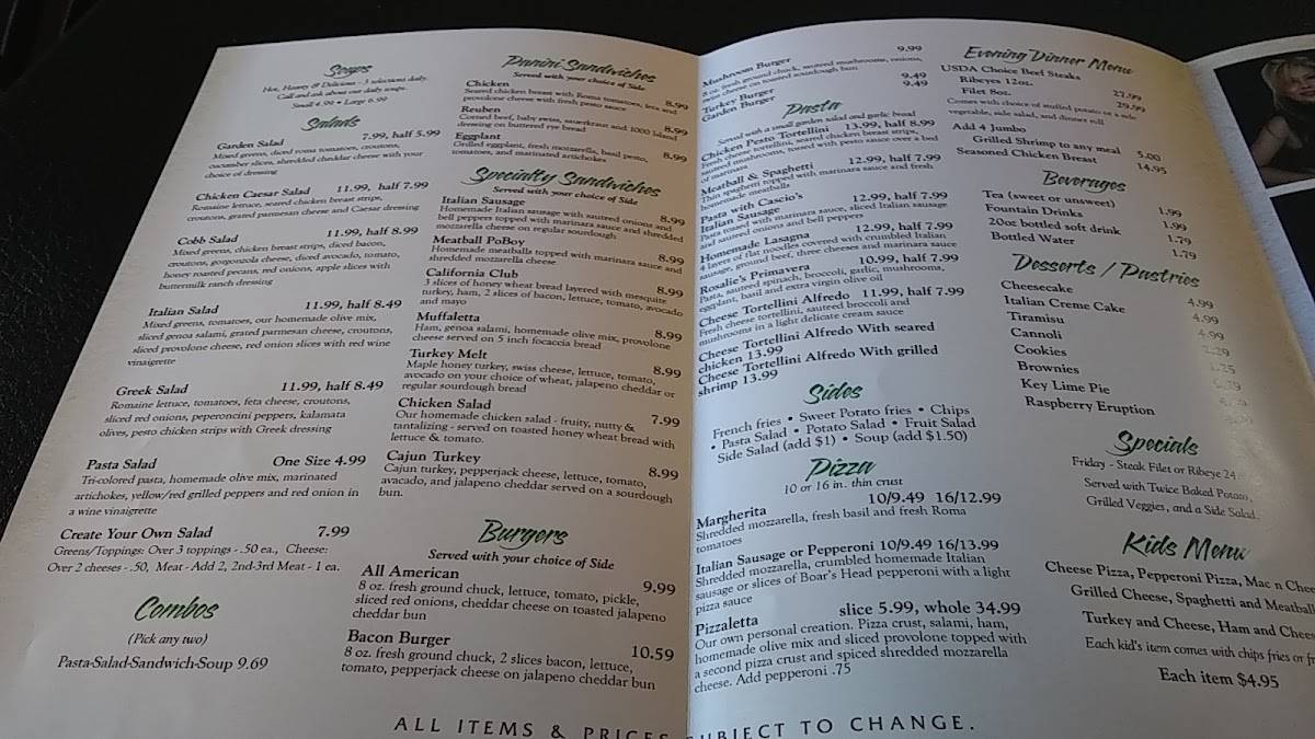 Menu at Cascio's Market Bistro restaurant, Bossier City