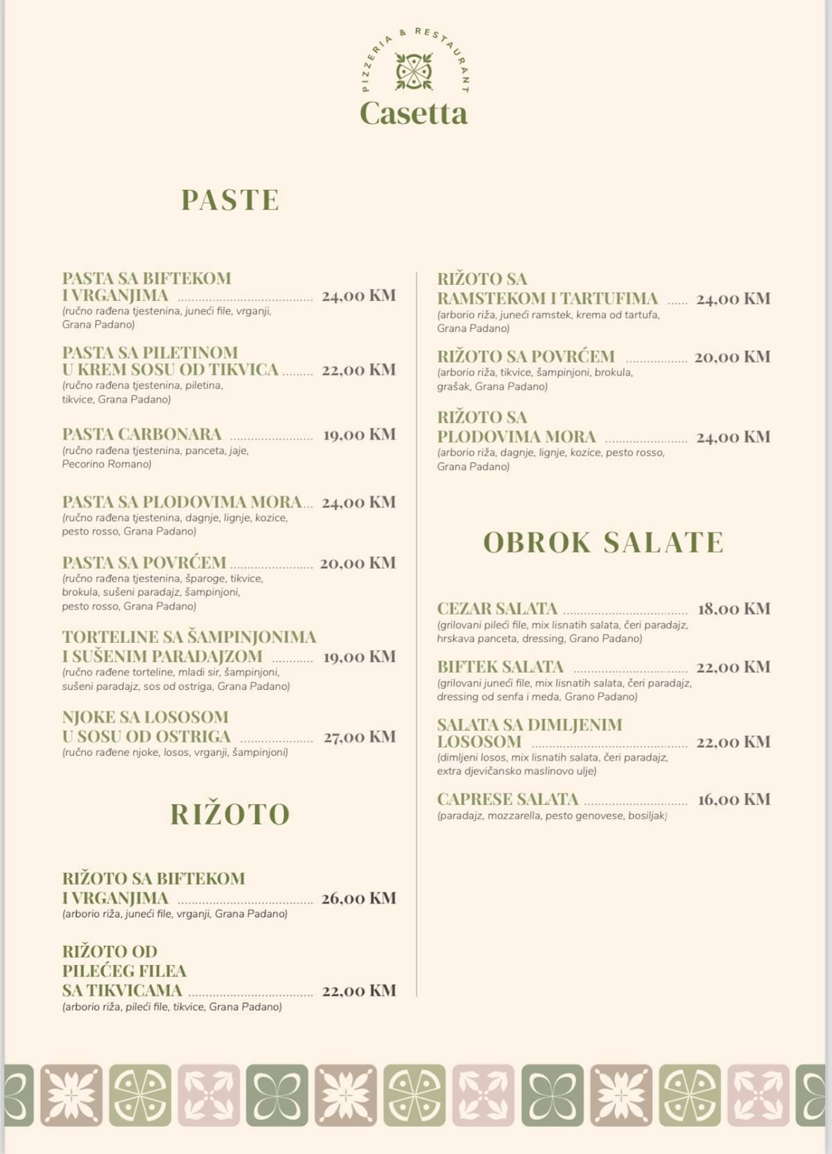 Menu at Casetta restaurant, Banja Luka, Bulevar srpske vojske 15b