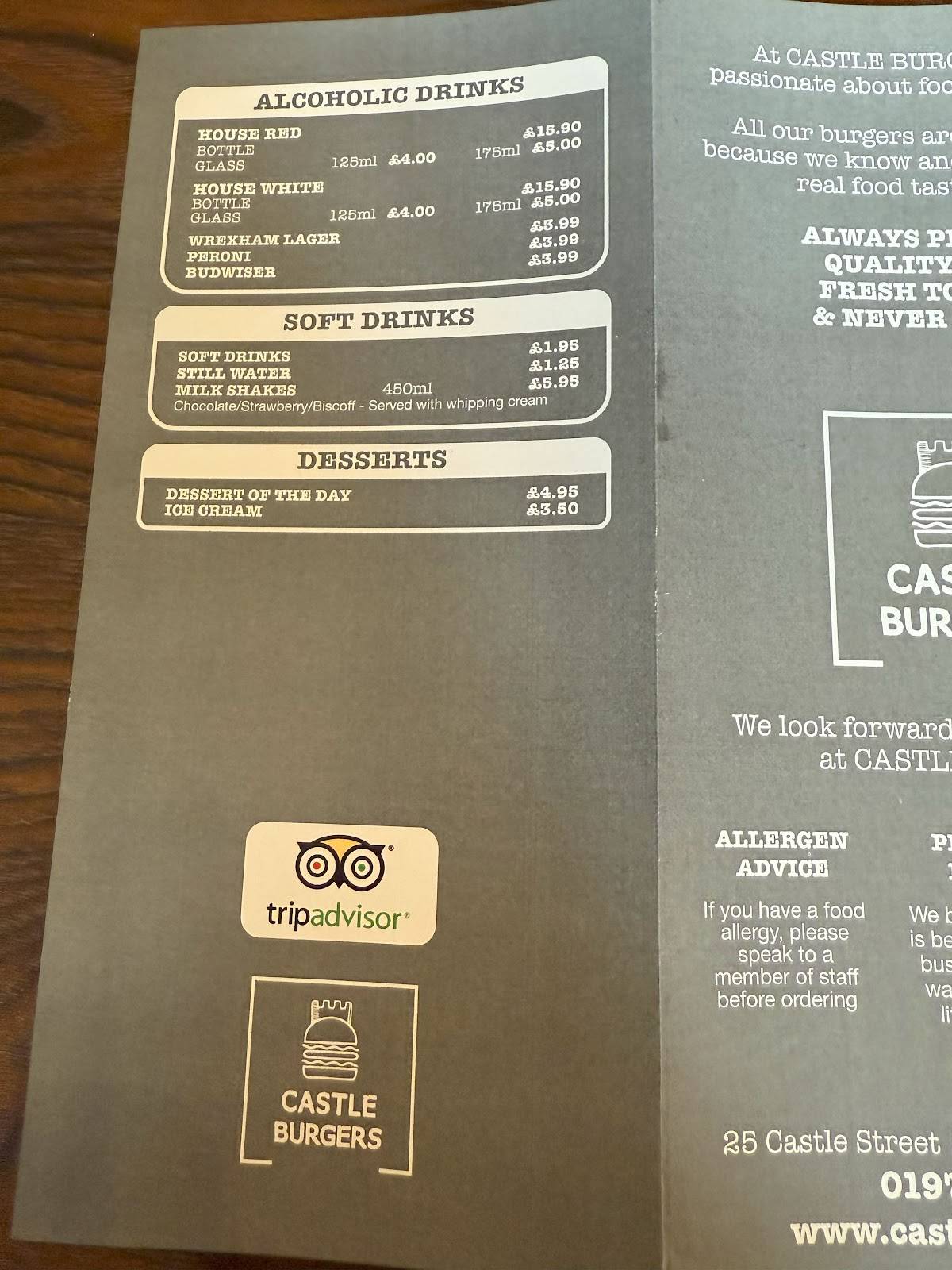 Menu at Castle Burger restaurant, Llangollen