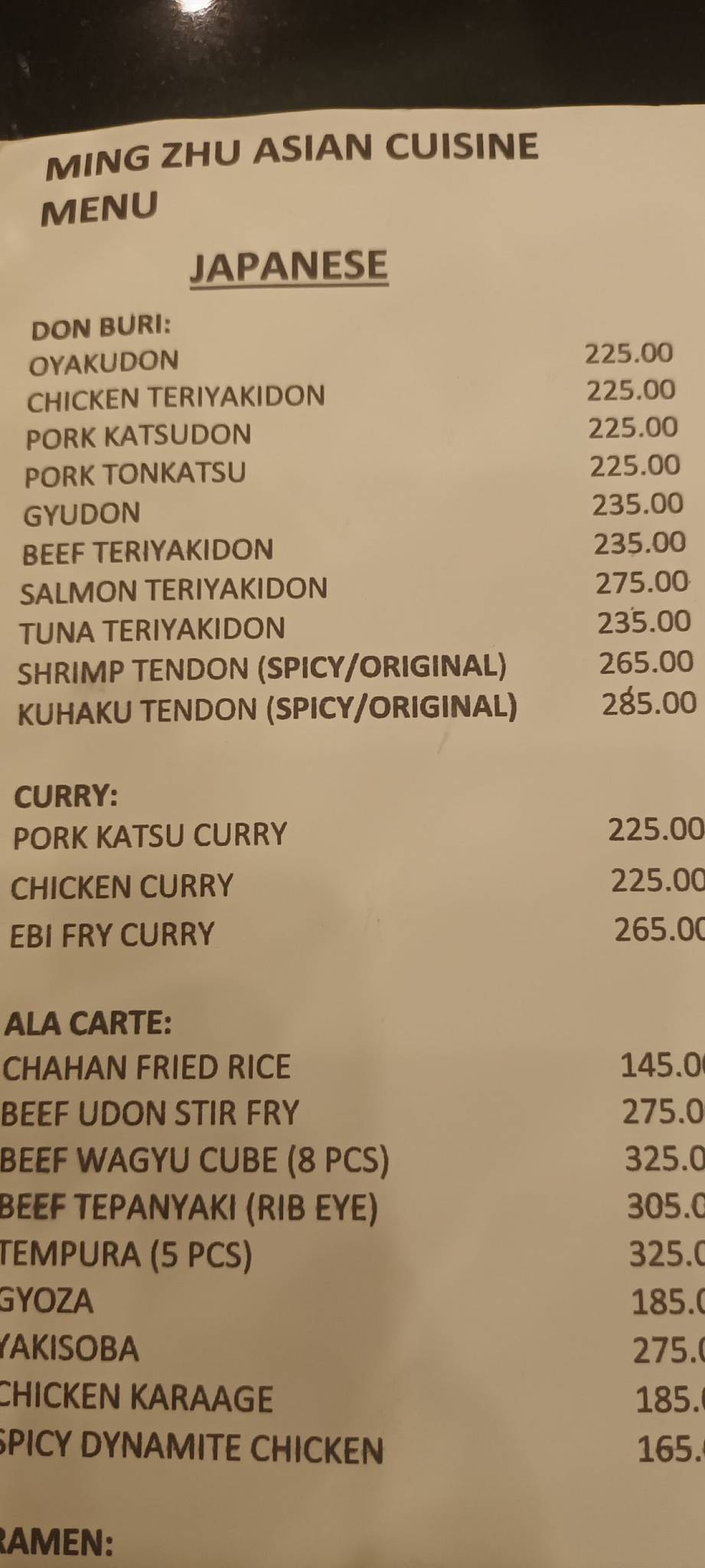 Menu at Ming Zhu restaurant, Cauayan City