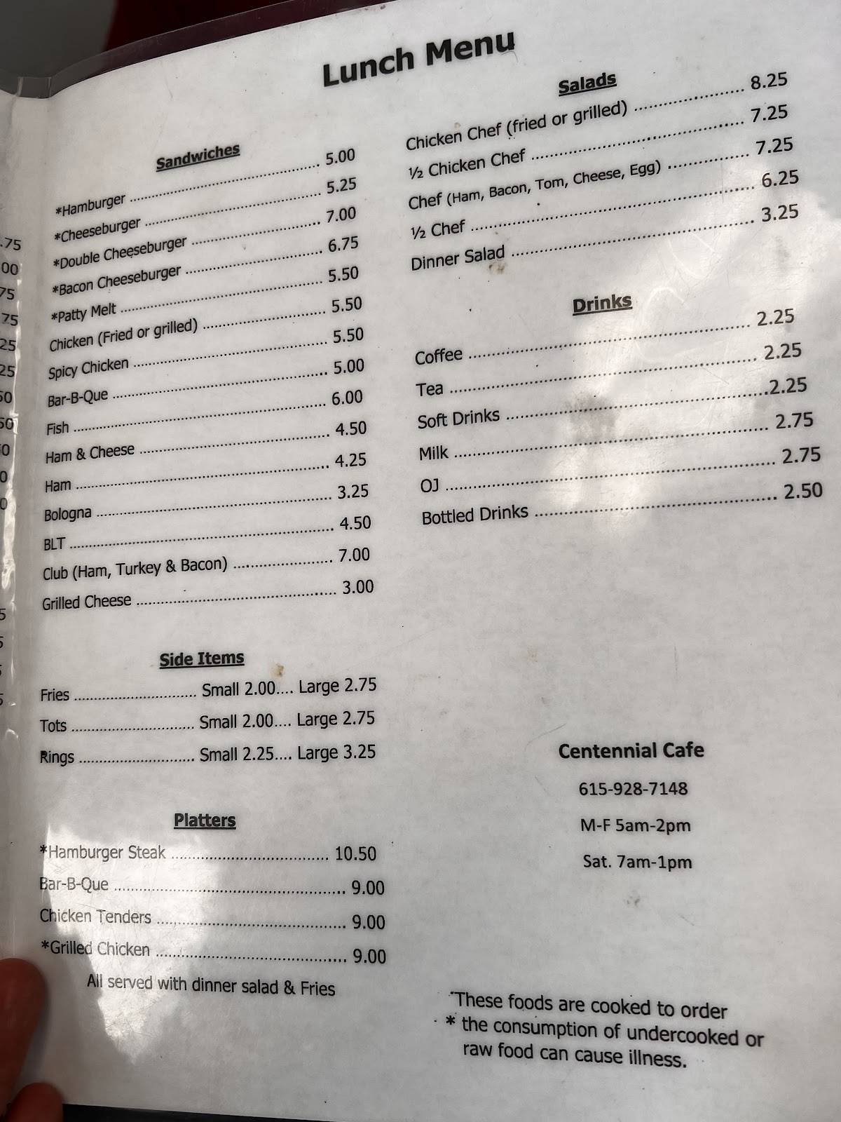 Menu at Centennial Cafe, Nashville, Centennial Blvd