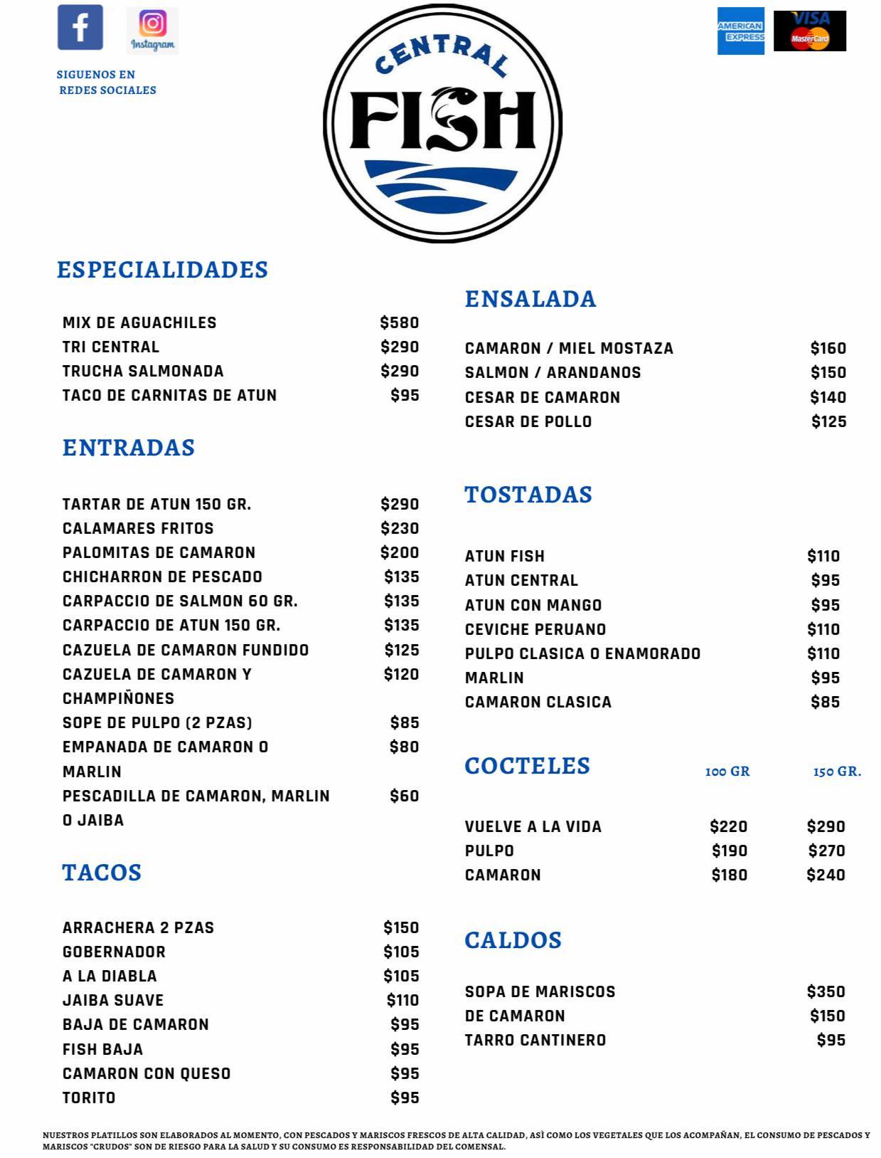 Carta del pub y bar Central Fish, Santiago del Querétaro, Anillo Vial 2 ...