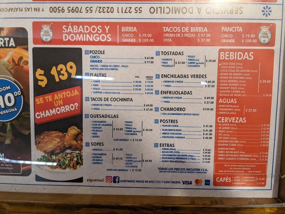 Carta del restaurante Central del Antojos, Ciudad del México