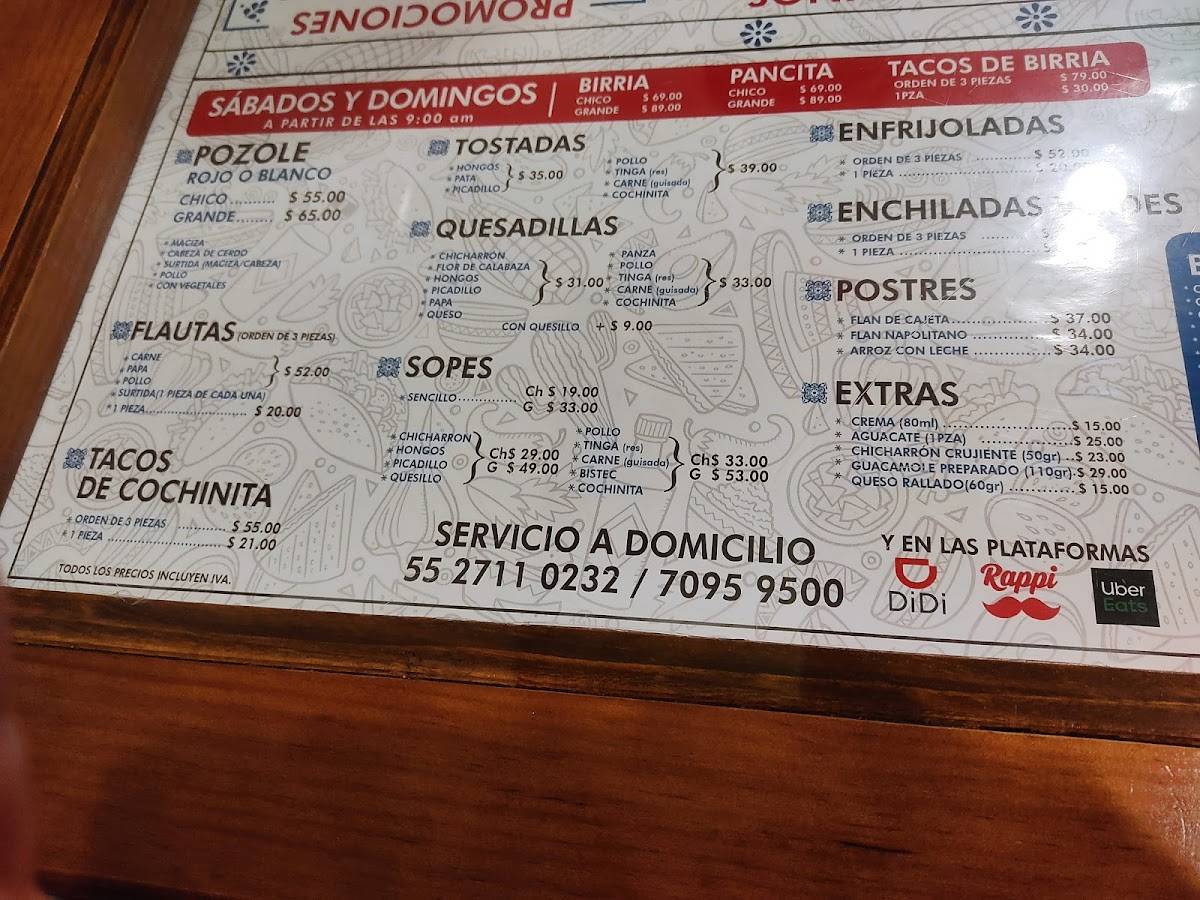 Carta del restaurante Central del Antojos, Ciudad del México
