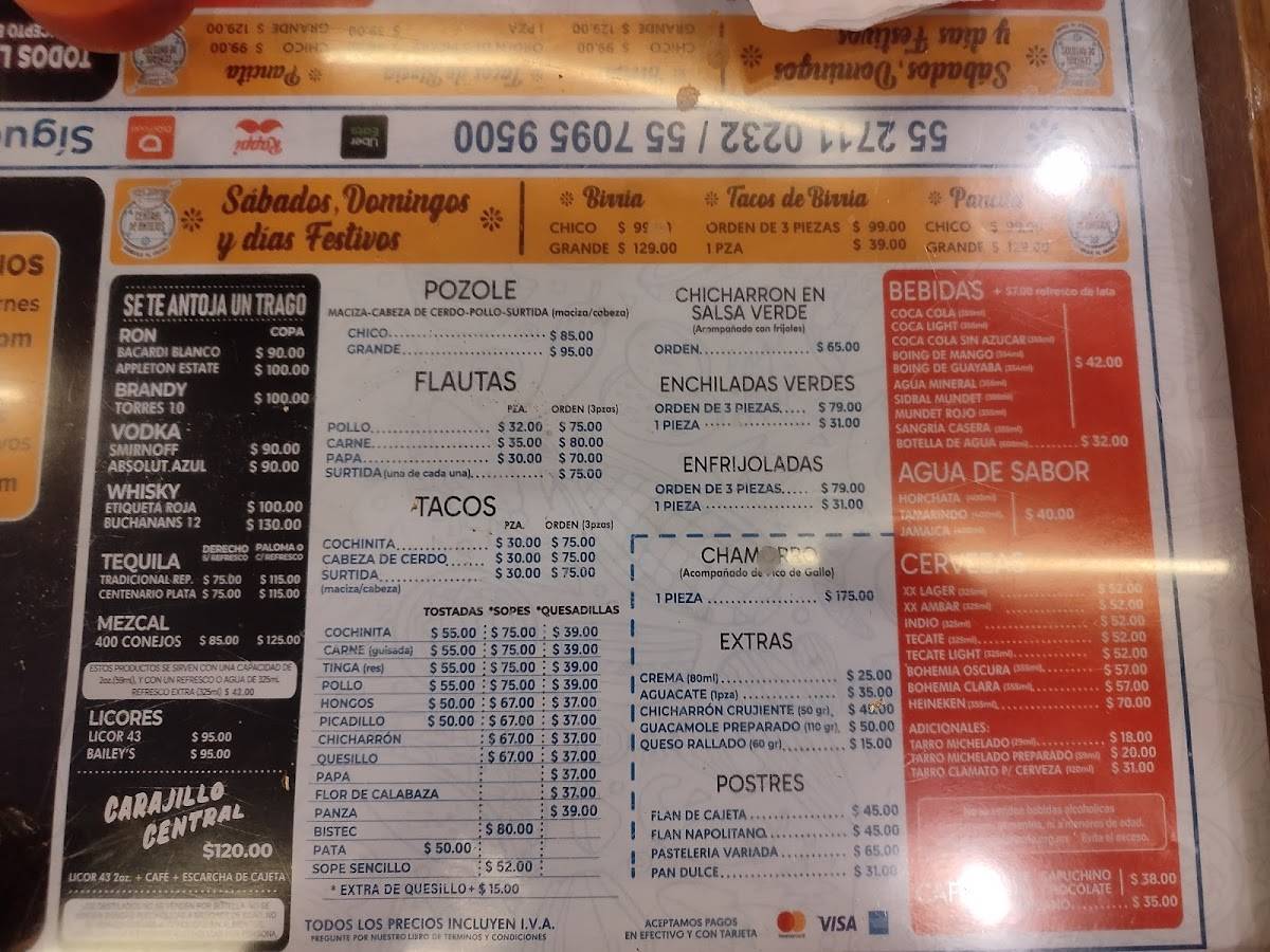 Menu at Central de Antojos restaurant, Mexico City