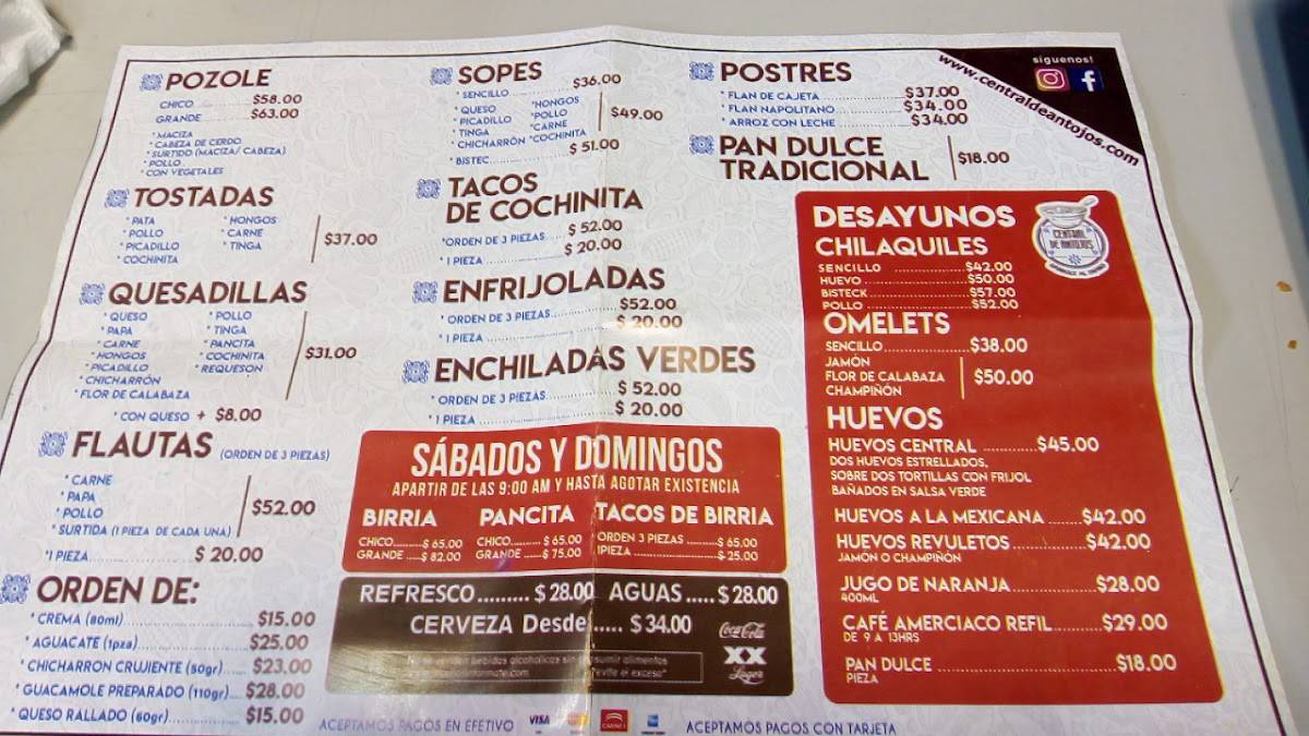 Carta del restaurante Central del Antojos, Ciudad del México