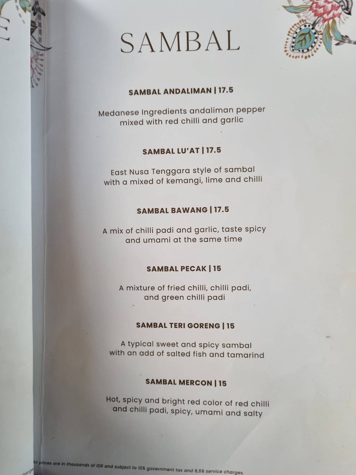 Menu at Cerita Manisan restaurant, Ubud