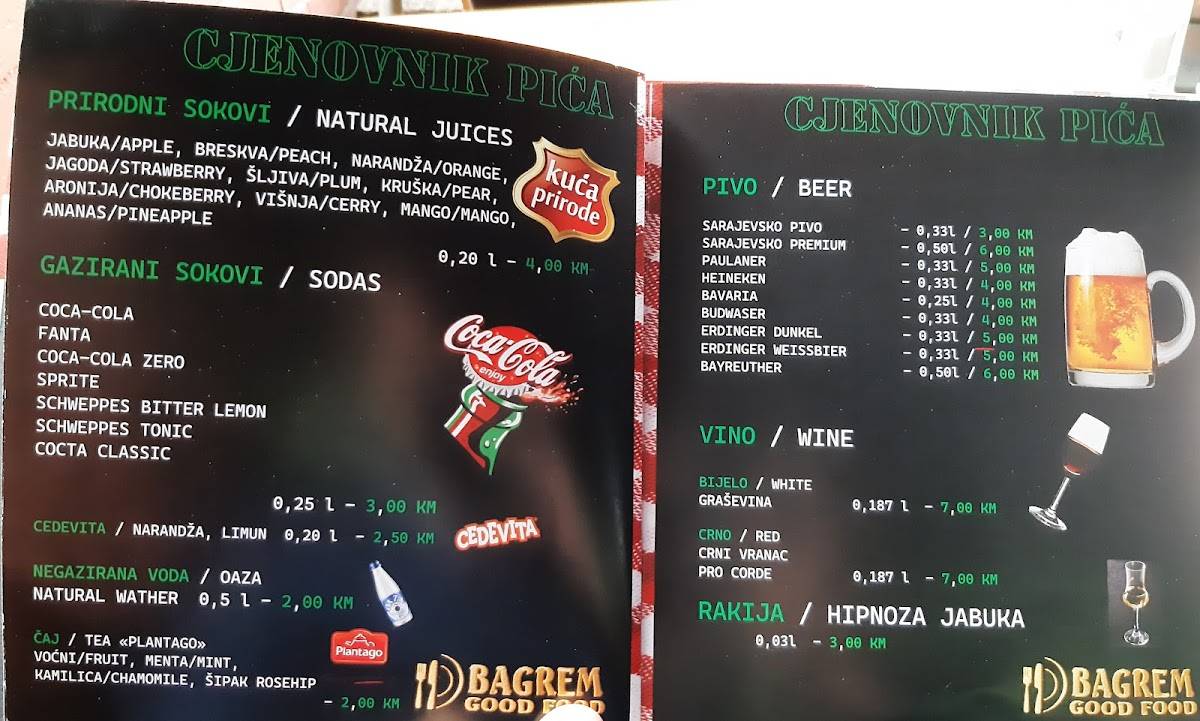 Menu at Ćevabdžinica "Bagrem" restaurant, Sarajevo