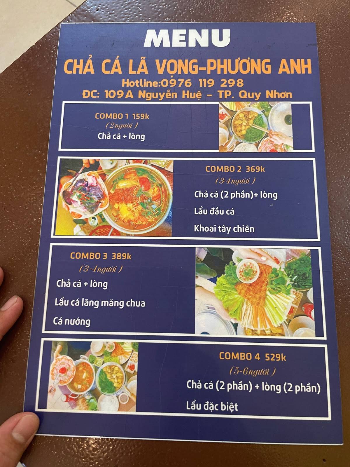 Menu at Chả cá Lã Vọng Phương Anh restaurant, Qui Nhơn