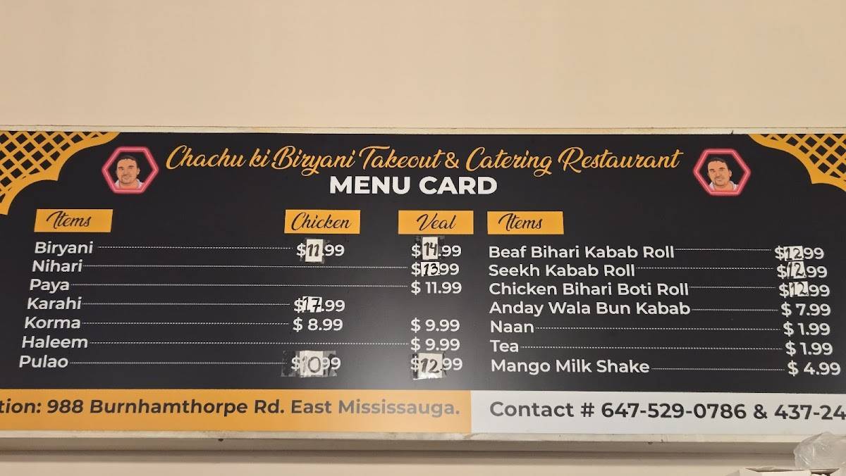 Menu at Chachu ki Biryani restaurant, Mississauga