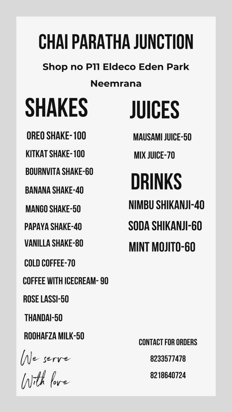 Menu at Chai Paratha Junction, Neemrana