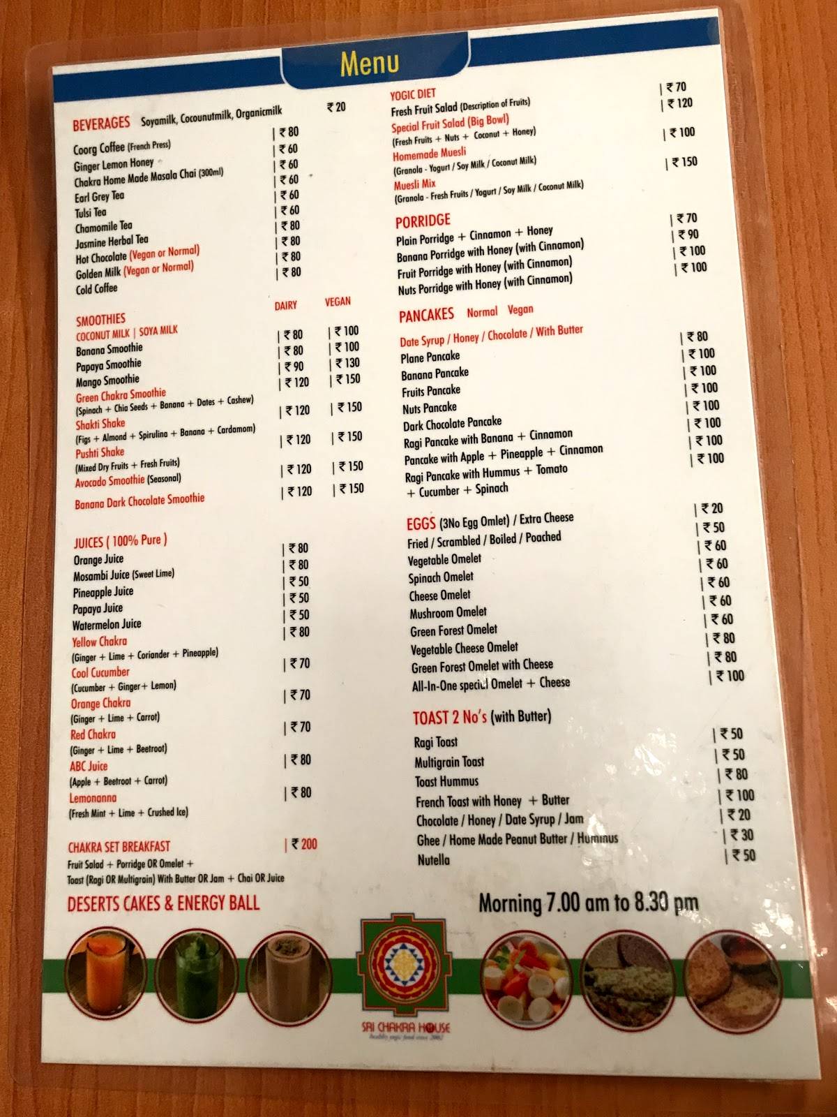 Menu at Chakra House Cafe, Mysuru