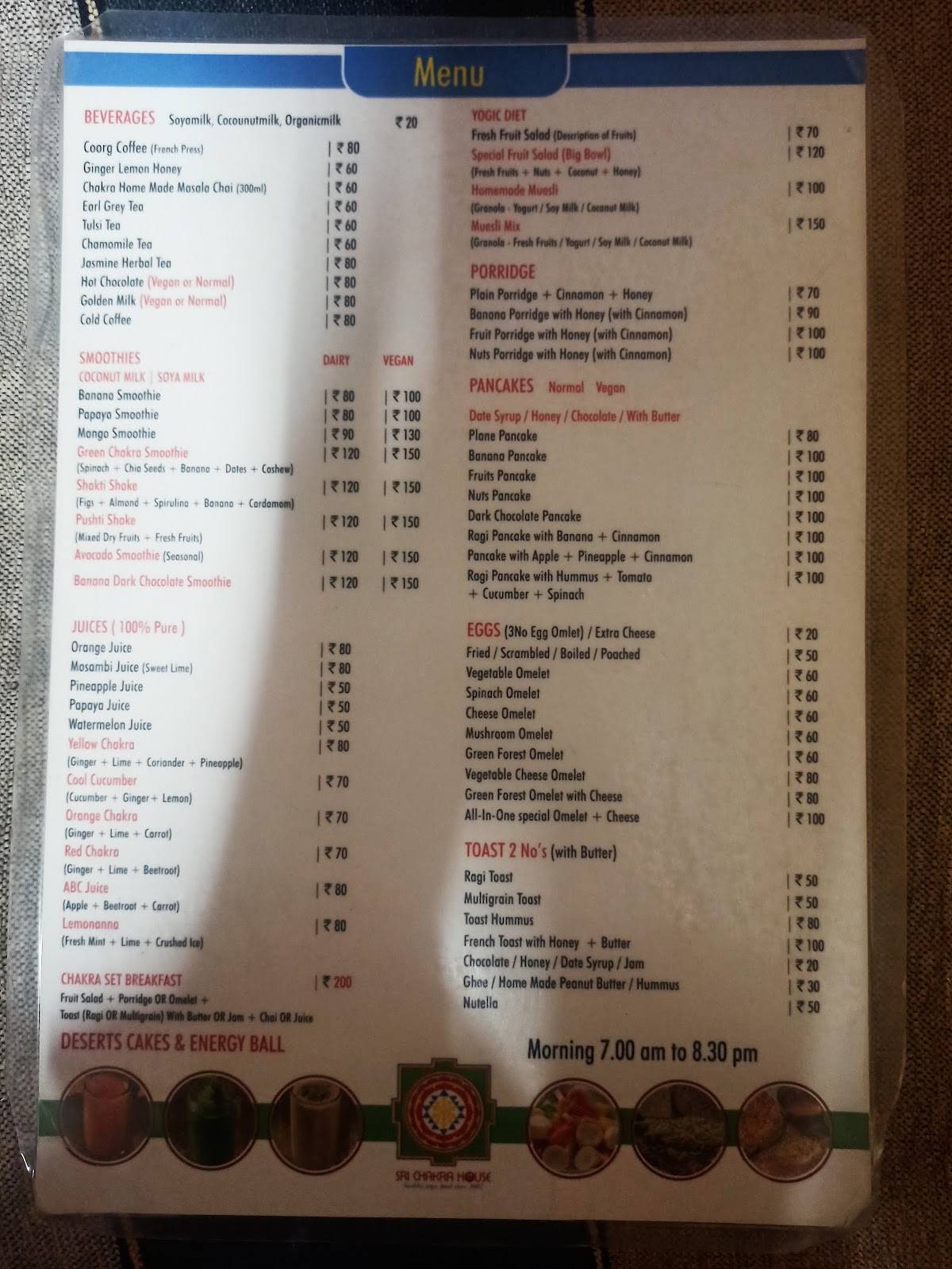 Menu at Chakra House Cafe, Mysuru