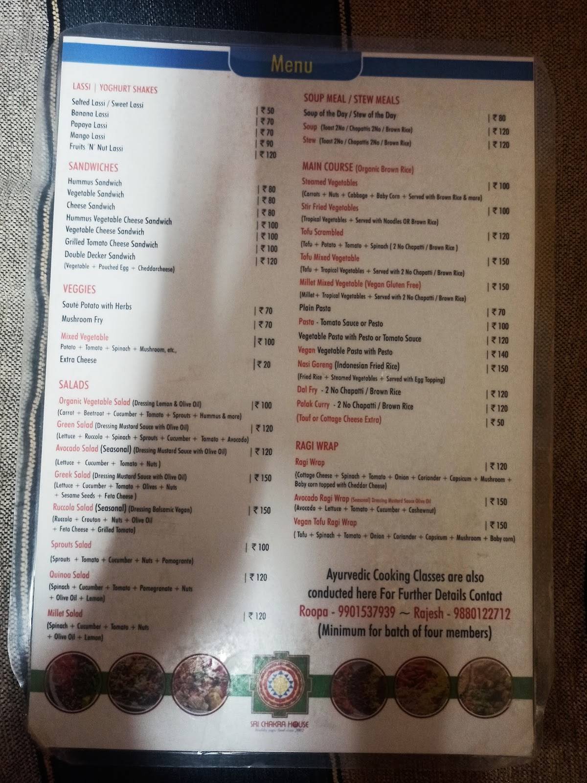 Menu at Chakra House Cafe, Mysuru