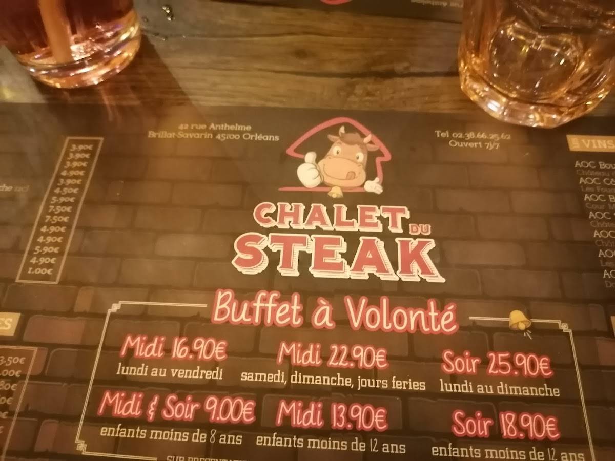 Menu au Chalet du steak restaurant, Orléans