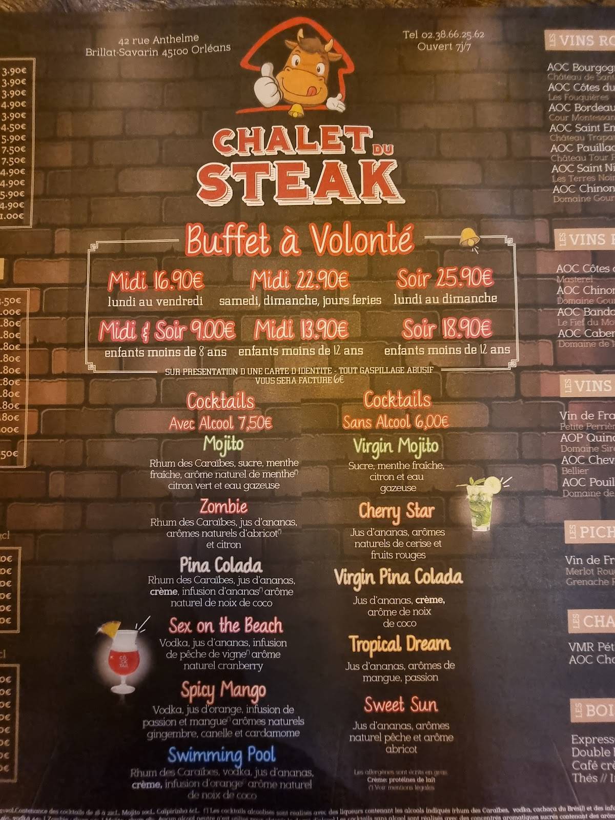 Menu au Chalet du steak restaurant, Orléans