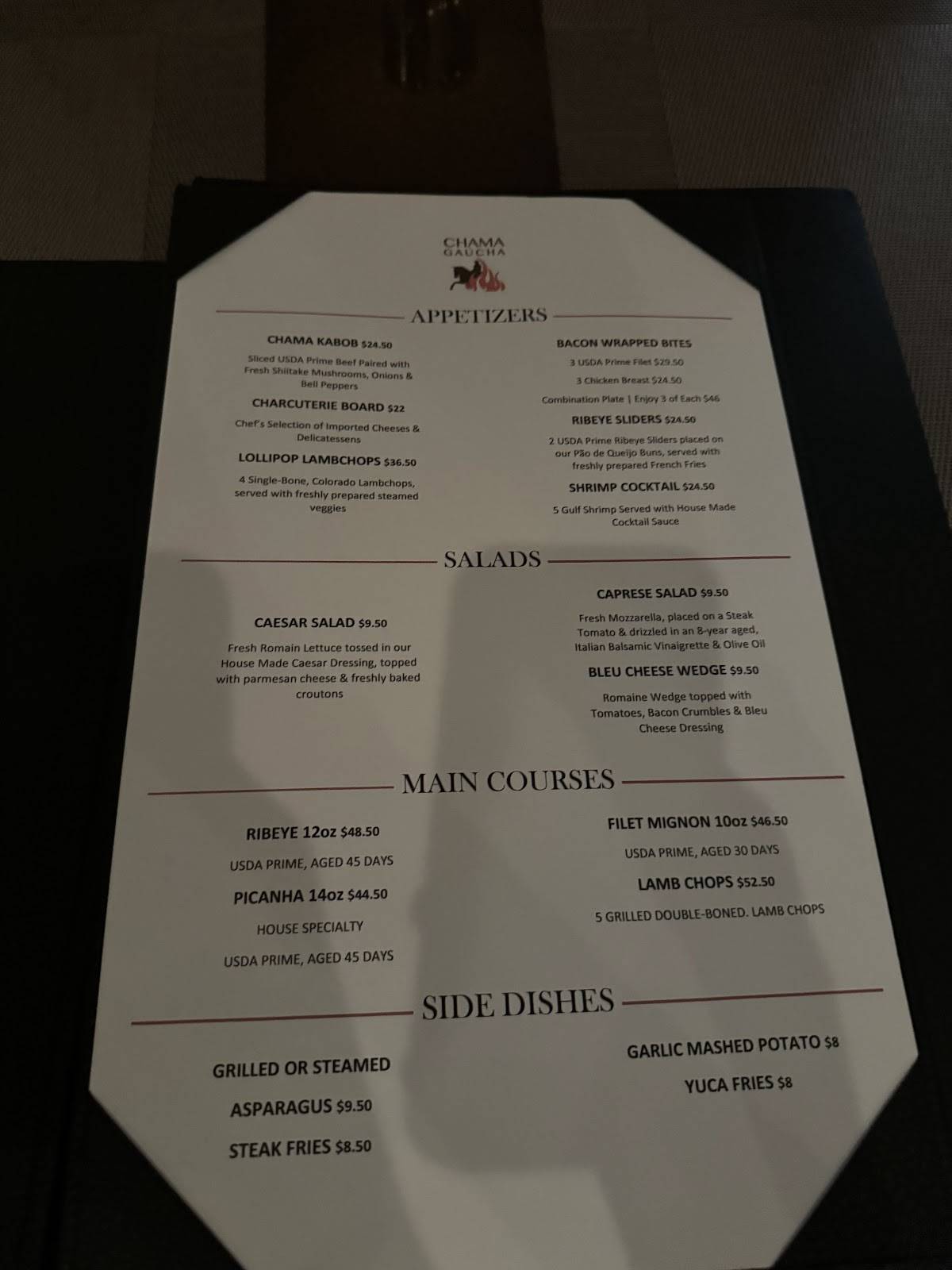 Menu at Chama Gaúcha Brazilian Steakhouse - Dallas-Fort Worth, Grapevine