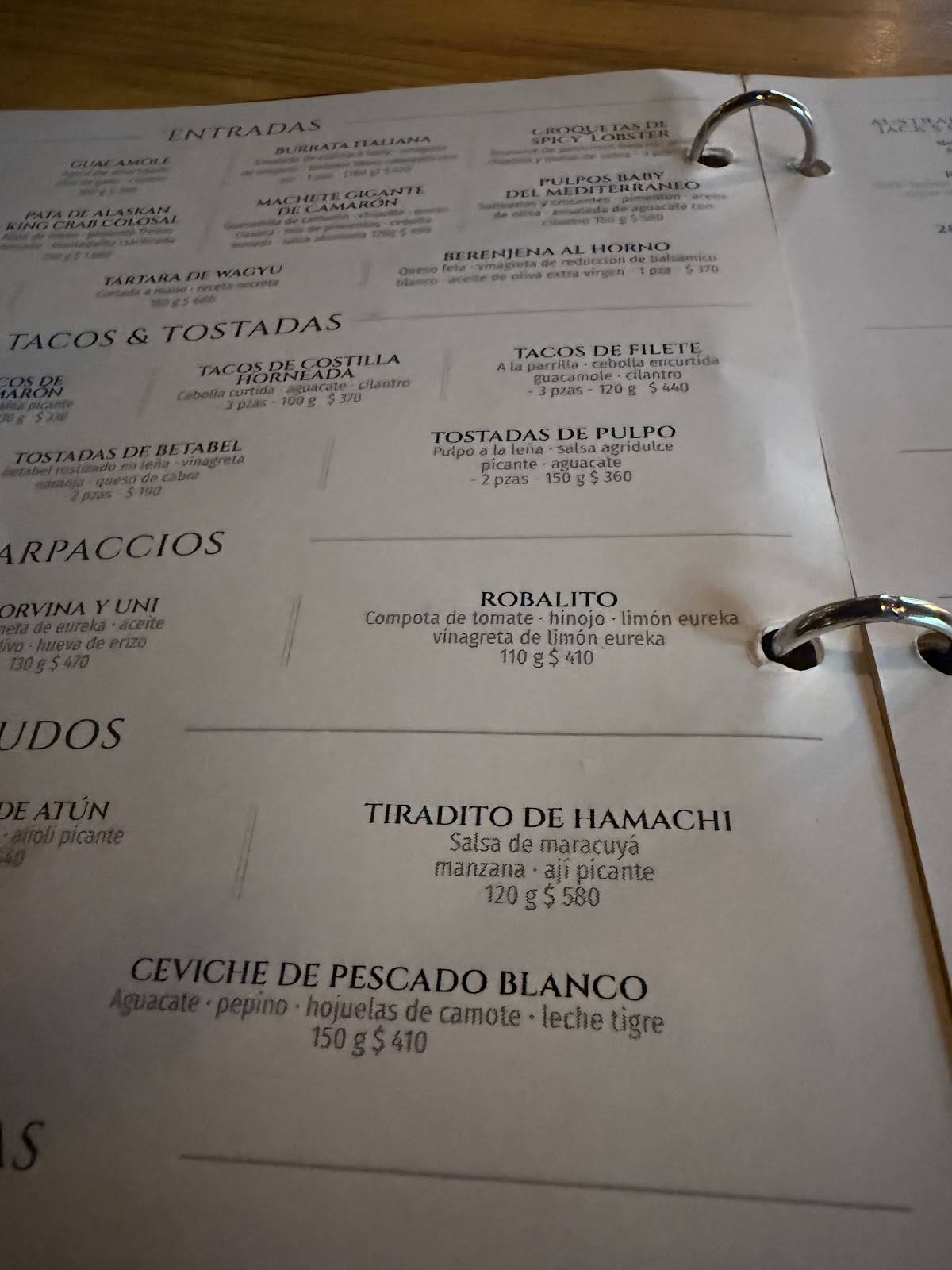 Menu at Chambao Polanco steakhouse, Mexico City