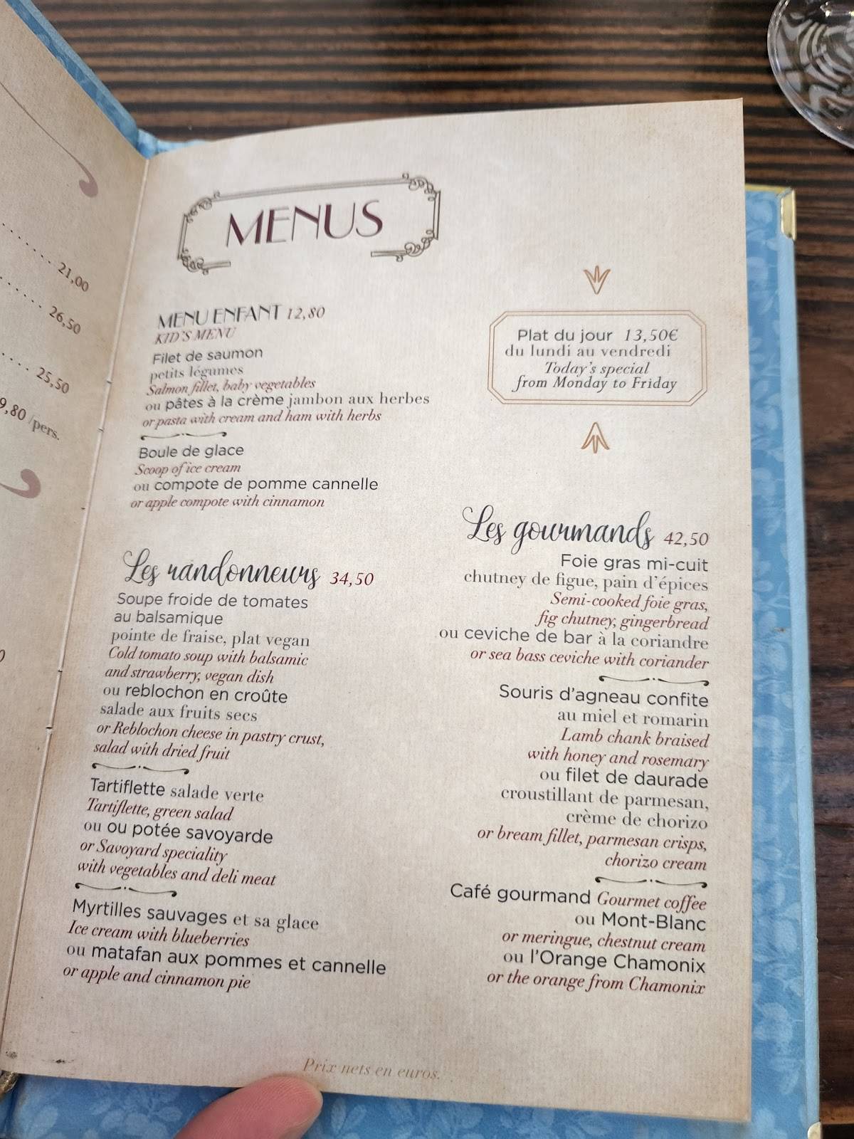 Menu at Josephine Restaurant, Chamonix