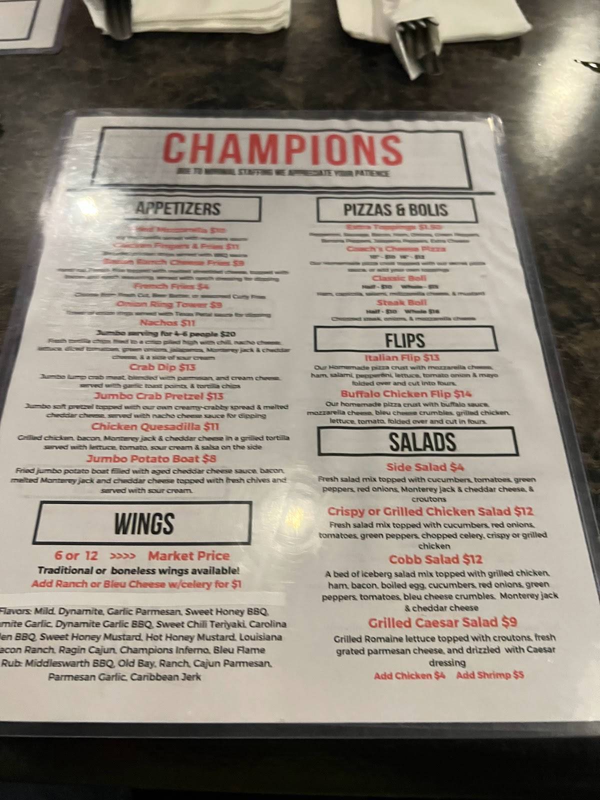 Menu at Champions Sports Bar, Highspire