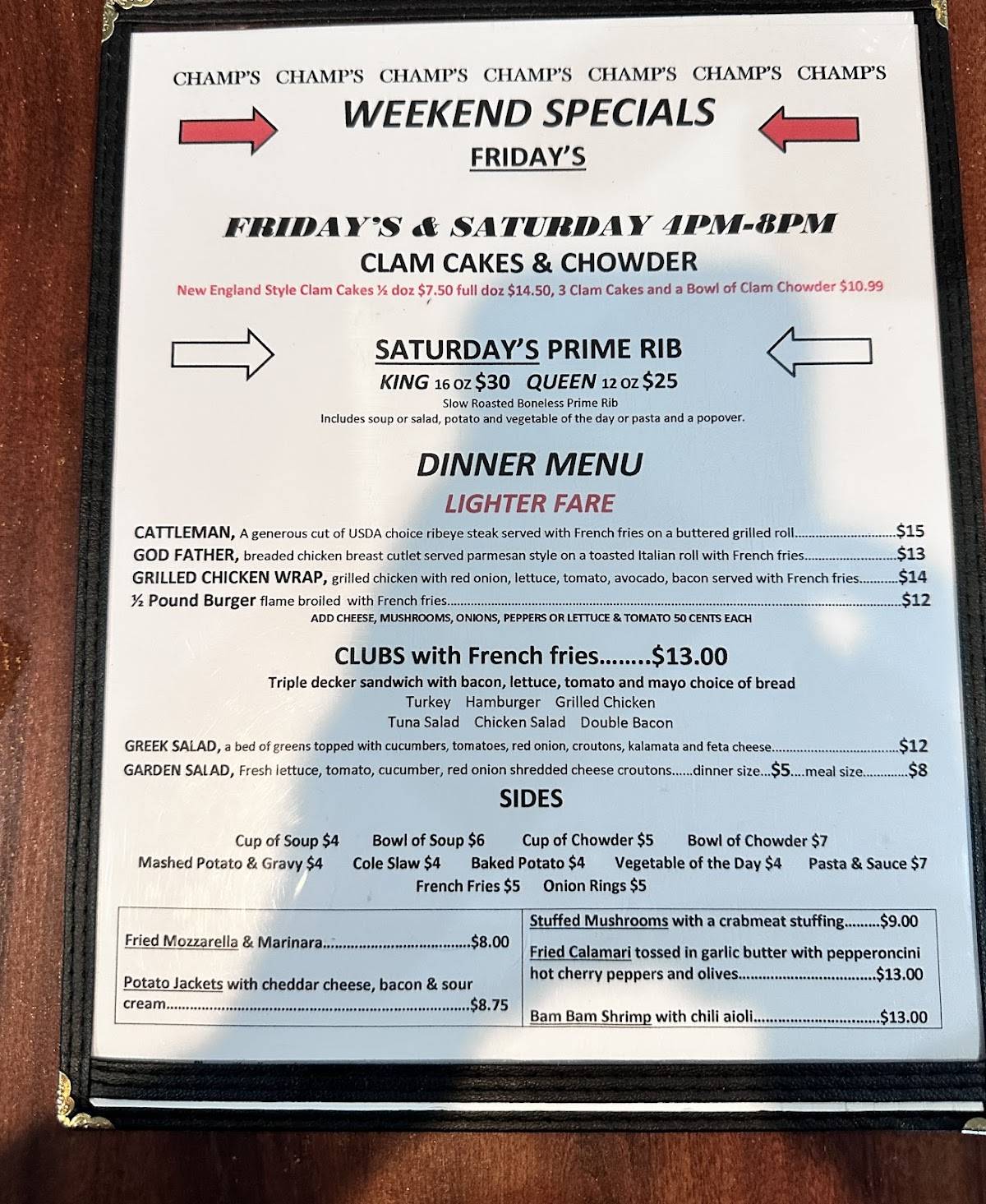 Menu at Champ's III restaurant, Arcadia