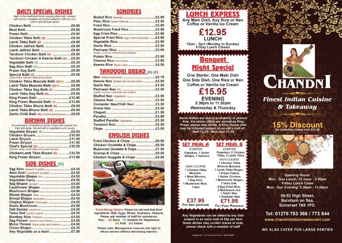 Menu at Chandni Indian Cuisine restaurant, Burnham-on-Sea