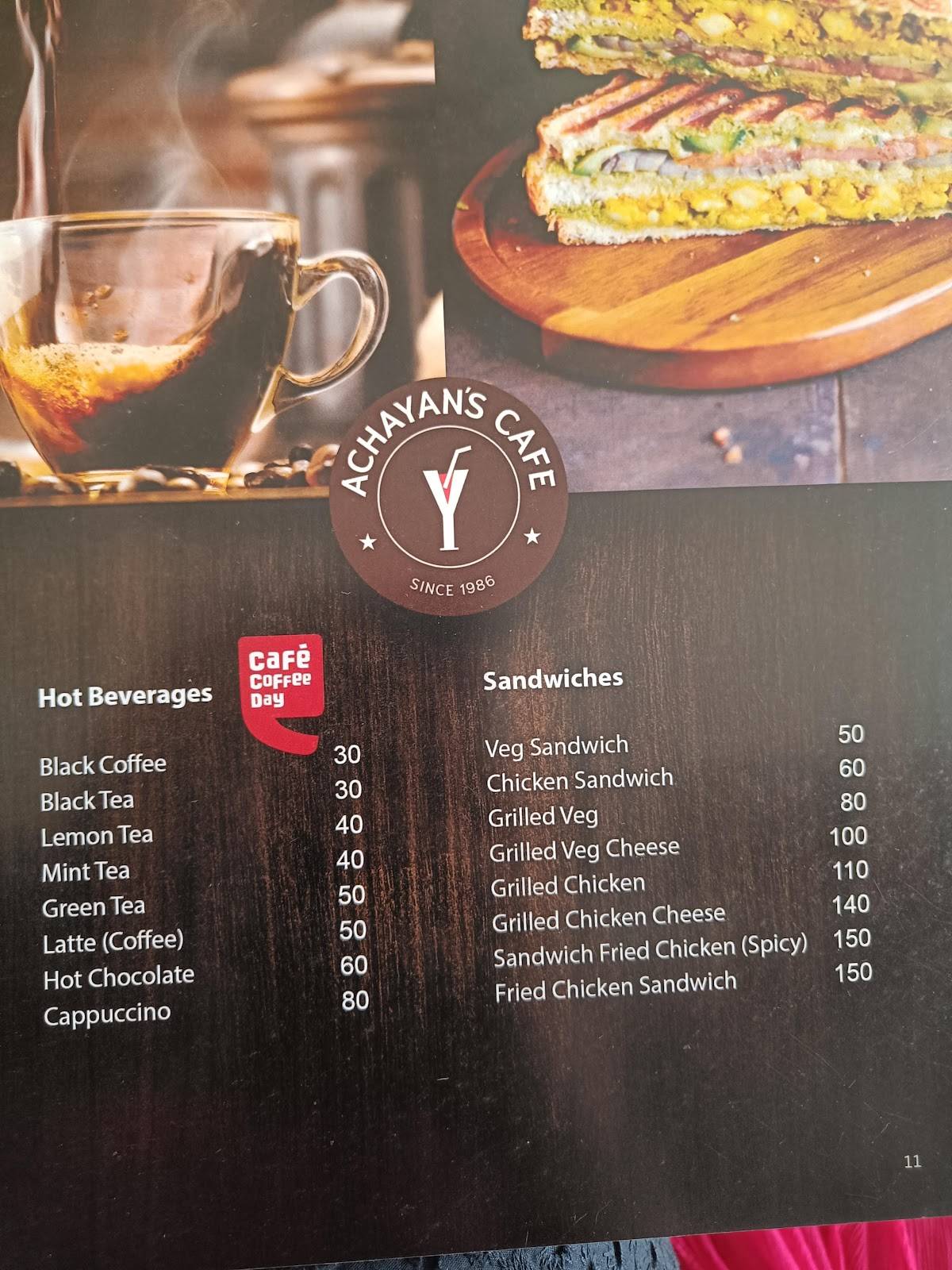 Menu at Achayan’s Cafe, Changanassery