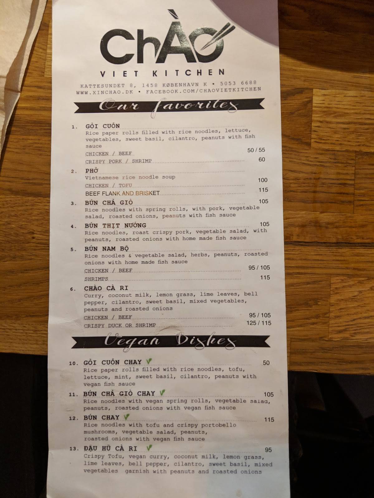 Menu at Chao Viet Kitchen restaurant, Copenhagen