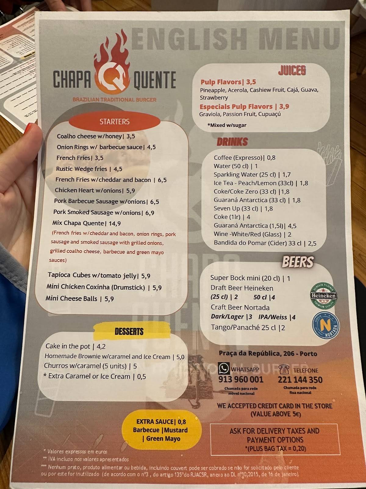 Carta del restaurante Chapa Quente, Oporto