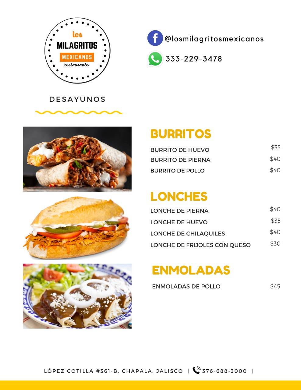 Carta del restaurante Los Milagritos Mexicanos, Chapala