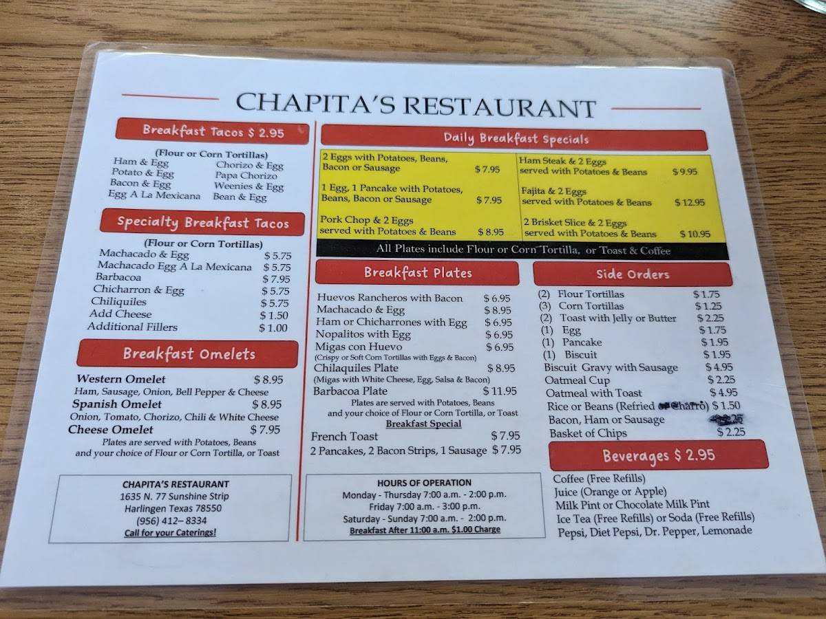 Menu at Chapitas Restaurant, Harlingen, N 77 Sunshine Strip