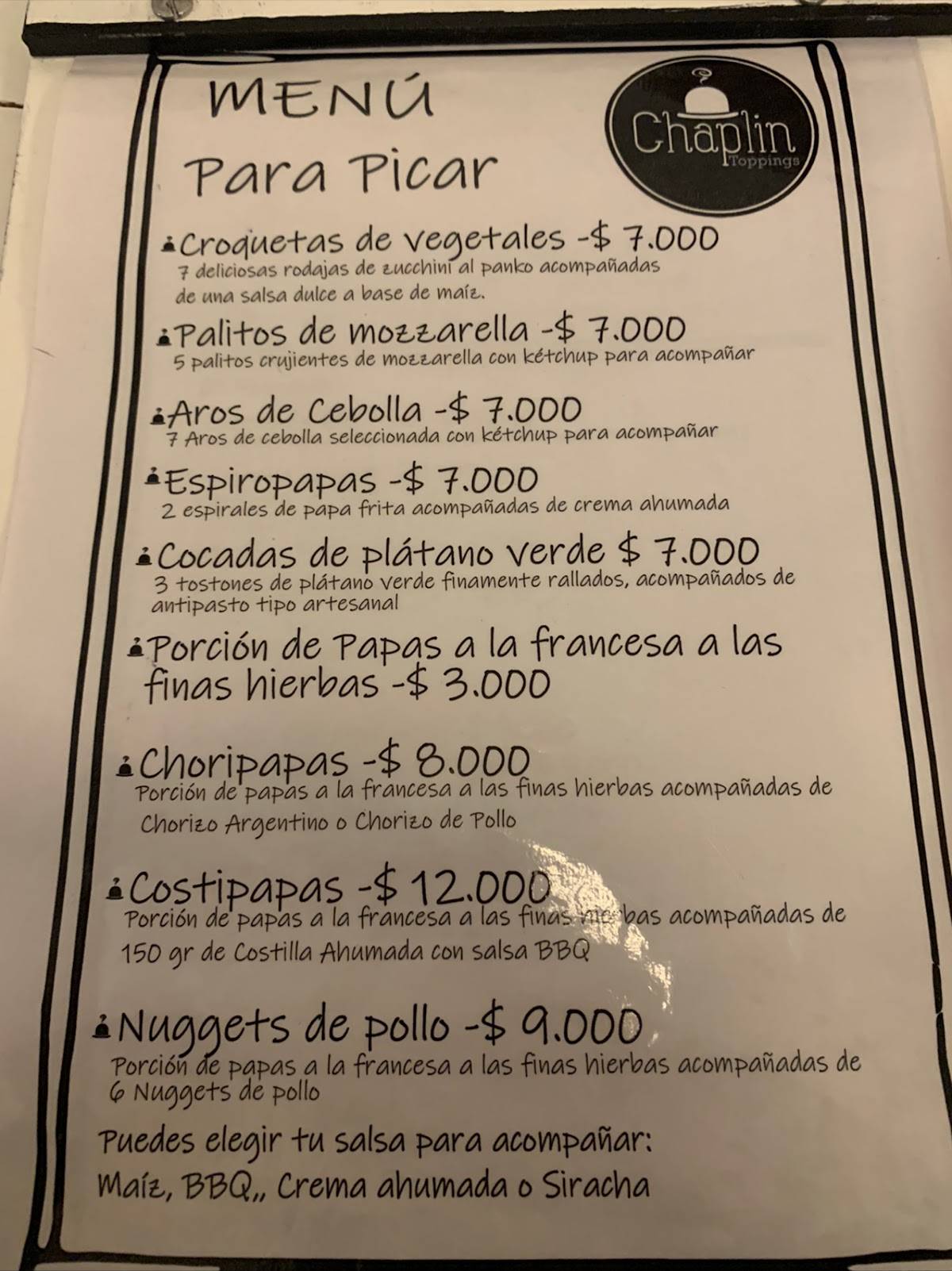 Menu at Chaplin Toppings cafe, Roldanillo
