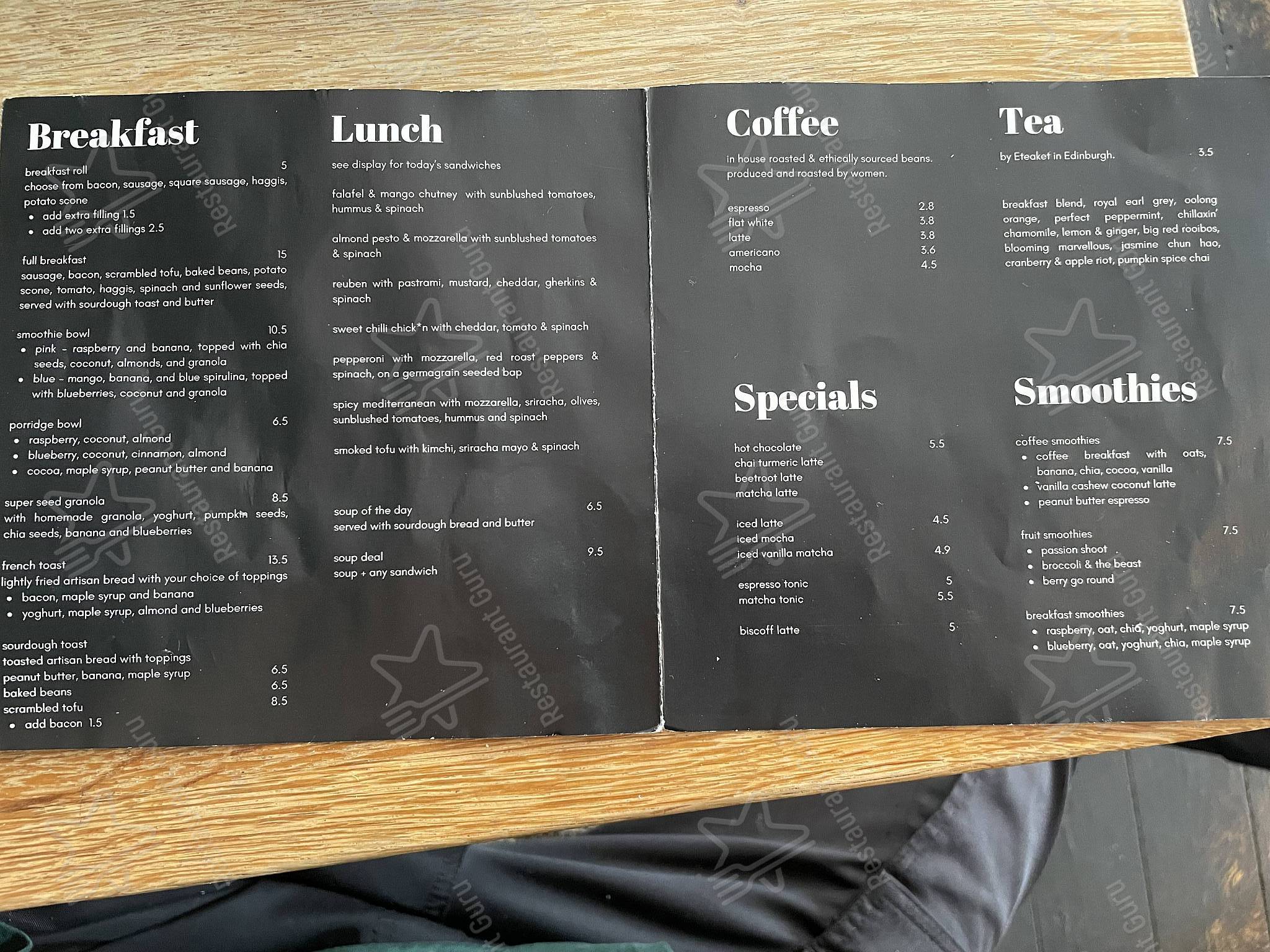 Menu at Chapter One Coffee Shop cafe, Edinburgh
