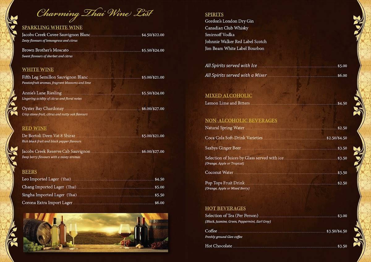 Menu at Charming Thai restaurant, Charmhaven