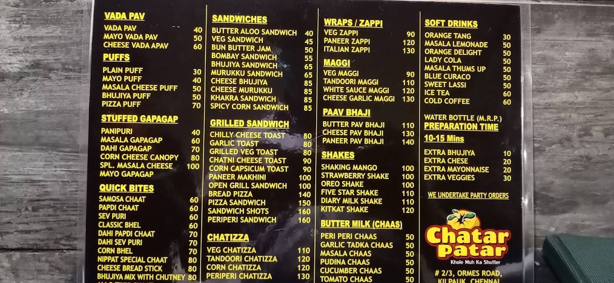 Menu at Chatar patar Chennai, Chennai, 3/2