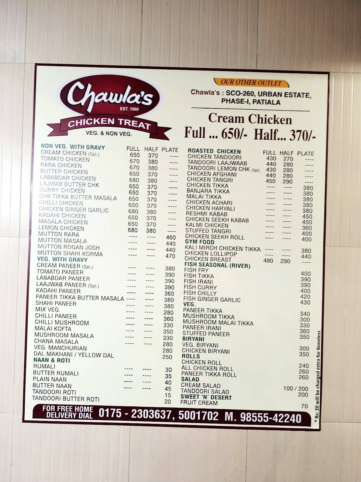 Menu at Chawla's Chicken Treat, Patiala, SCO No. 1