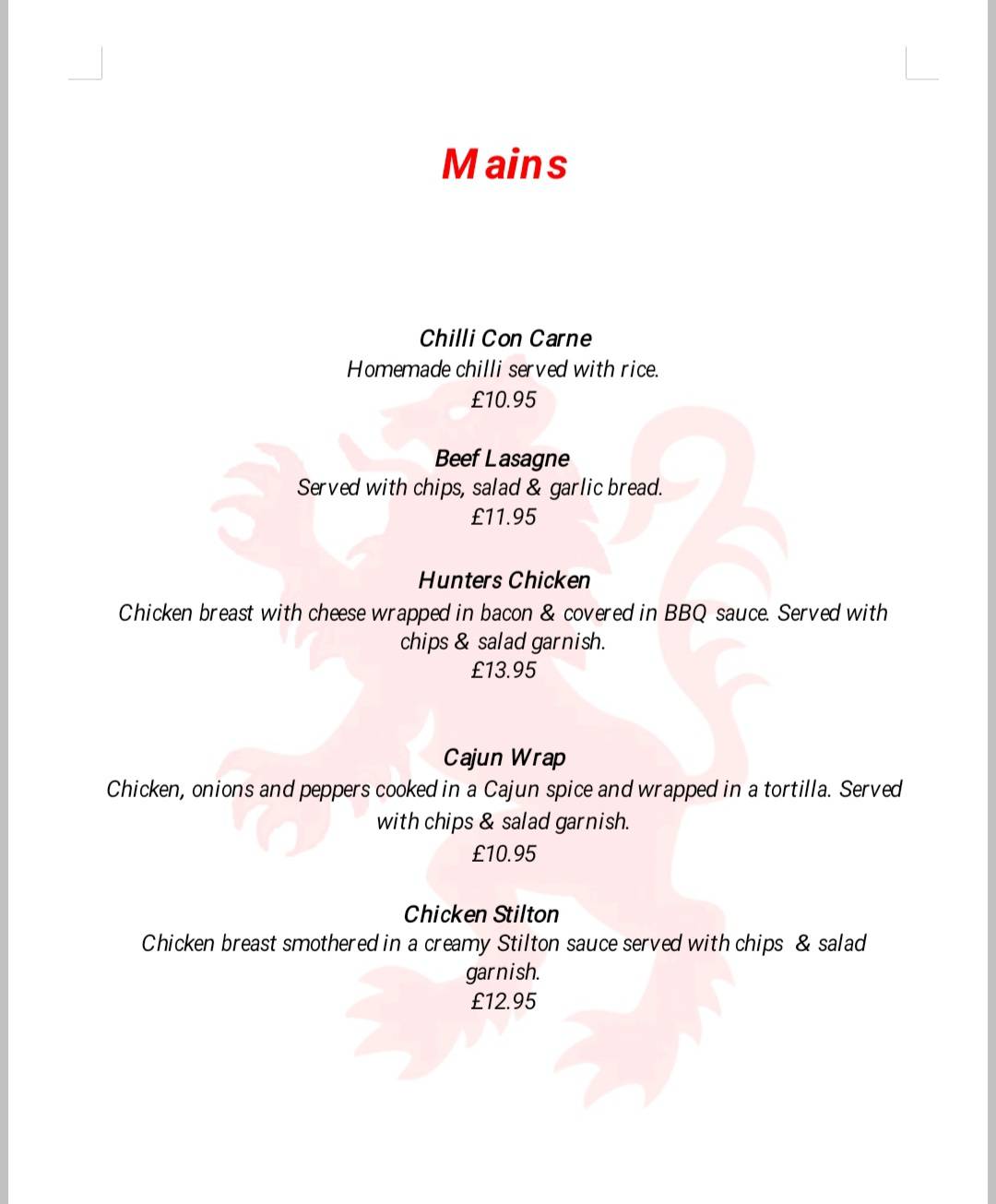 Menu at Red Lion pub & bar, Leek, 37 Cheadle Rd