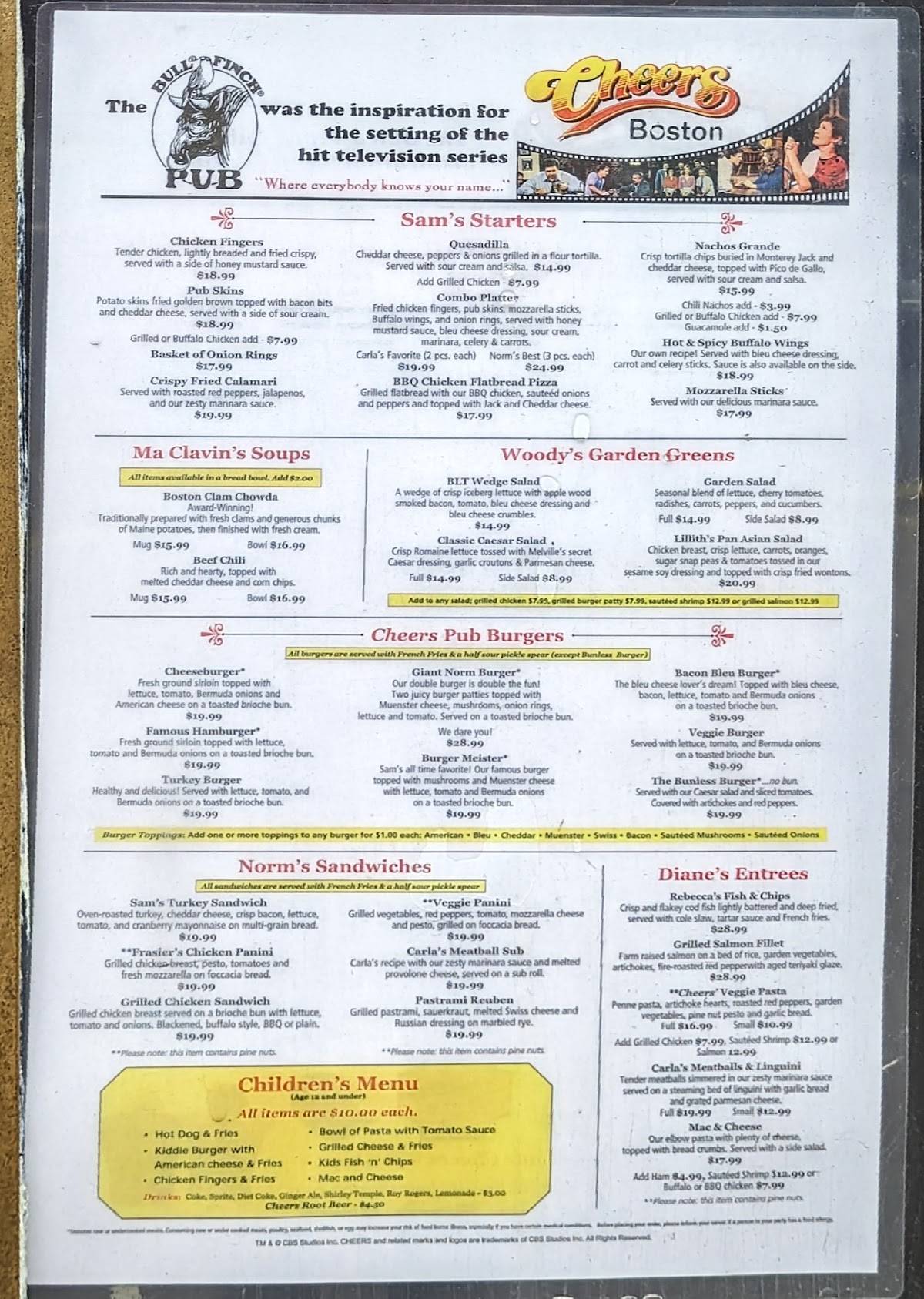 Menu at Cheers pub & bar, Boston, 84 Beacon St