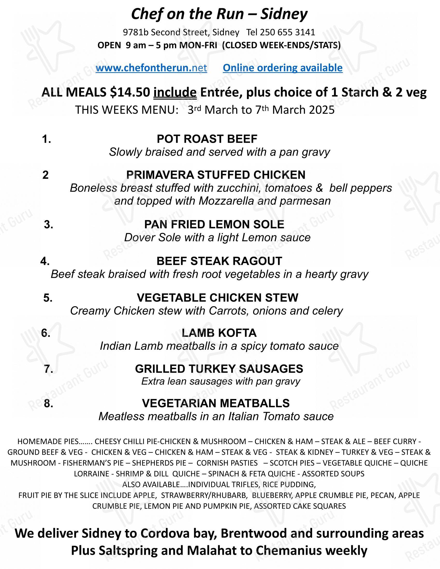 Menu at Chef On The Run restaurant, Sidney, Second St
