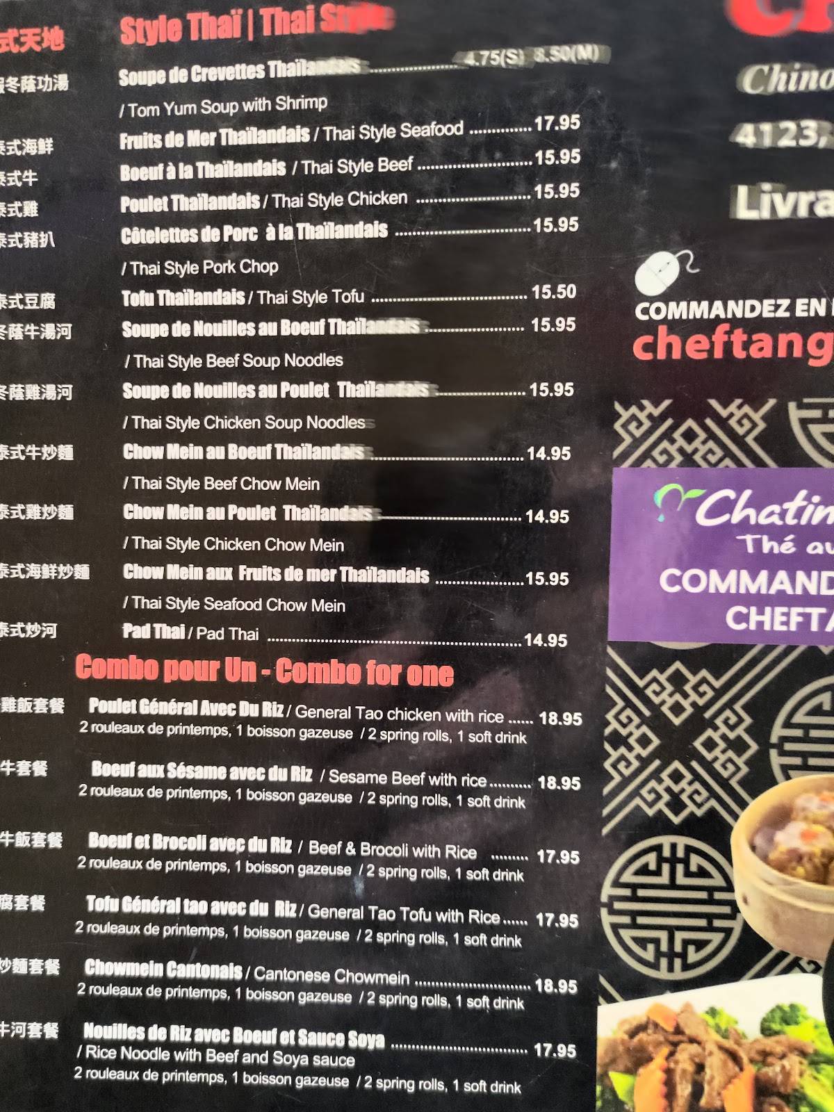 Menu au Chef Tang restaurant, Montréal