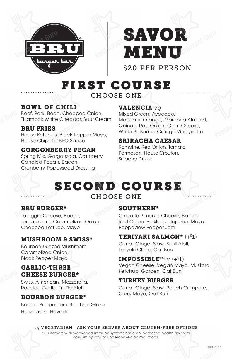 Menu at BRU Burger Bar Indianapolis, Indianapolis, 410 Massachusetts Ave