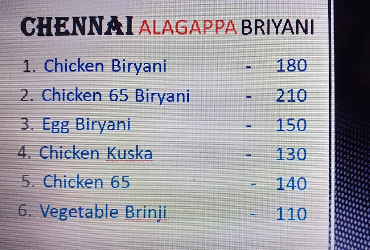 Menu at Chennai Alagappa biryani, Kandigai