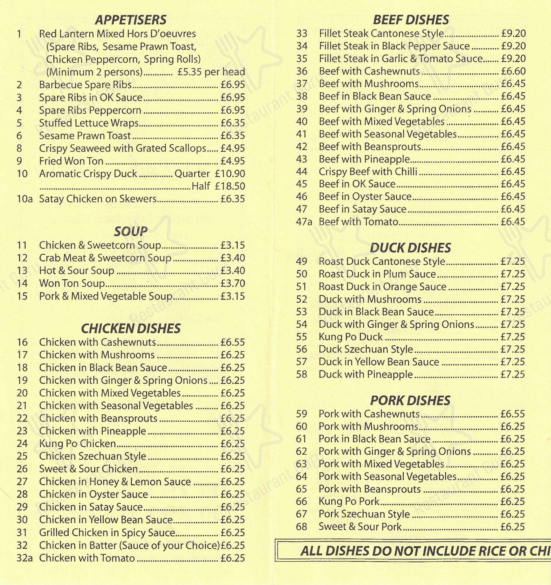 Menu at The Red Lantern restaurant, Chepstow