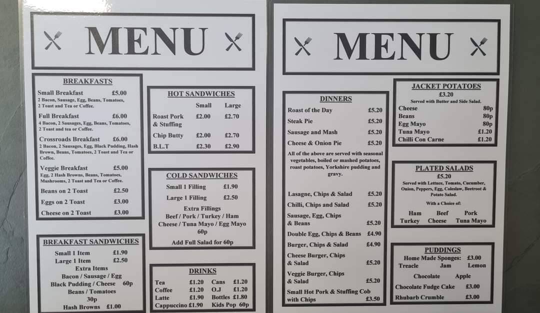 Menu at Crossroads Cafe, Chesterfield