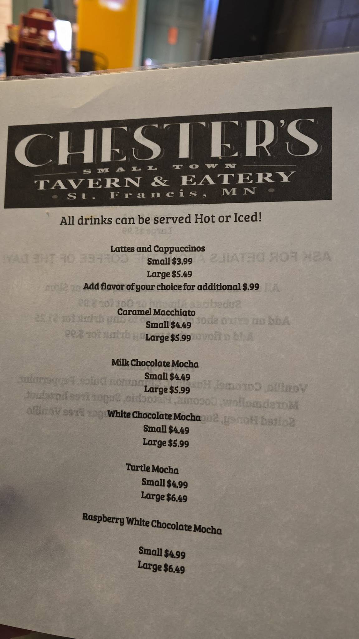 Menu at Chester's Small Town Tavern & Eatery pub & bar, Saint Francis