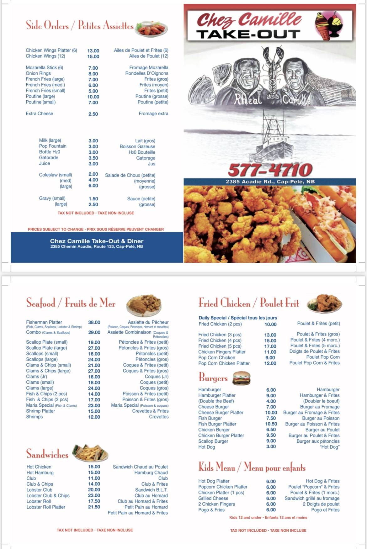 Menu at Chez Camille Take Out restaurant, Cap-Pele