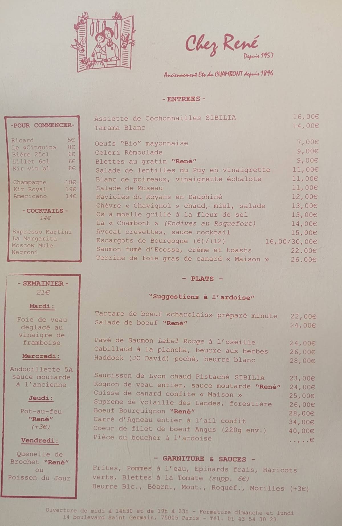 Menu at Chez René restaurant, Paris, 14 Bd Saint-Germain