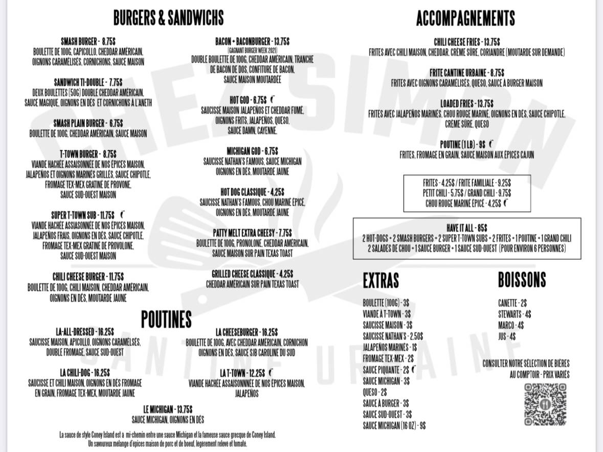 Carta del restaurante Chez Simon Cantine Urbaine, Terrebonne