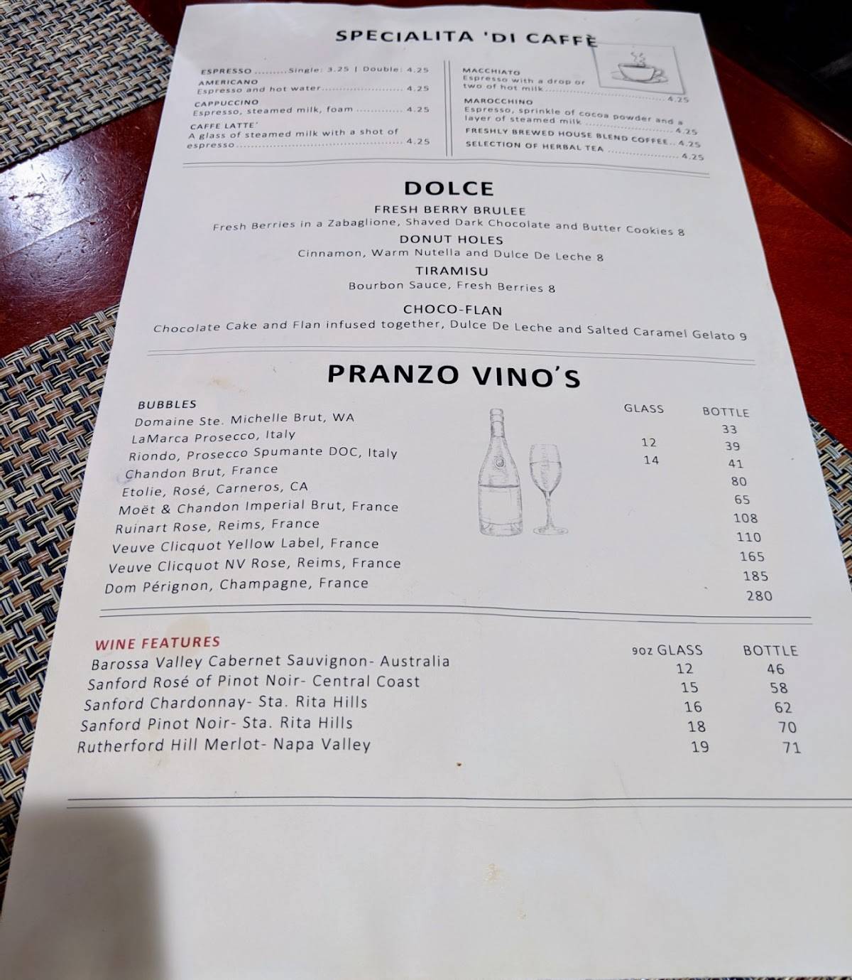 Menu at Andiamo restaurant, Chicago, N O'Hare Fld